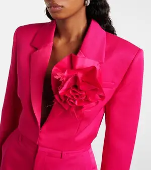 AREA Floral-applique Cropped Wool Blazer