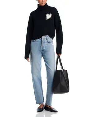 Aqua Cropped Turtleneck Sweater With Heart Patch