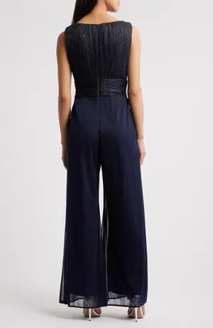 CONNECTED APPAREL Metallic Plissé Mixed Media Wide Leg Jumpsuit