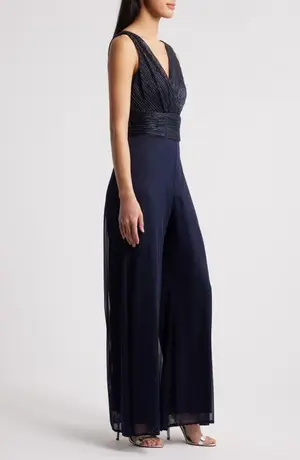 CONNECTED APPAREL Metallic Plissé Mixed Media Wide Leg Jumpsuit
