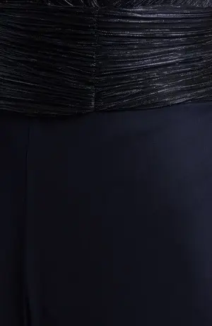 CONNECTED APPAREL Metallic Plissé Mixed Media Wide Leg Jumpsuit