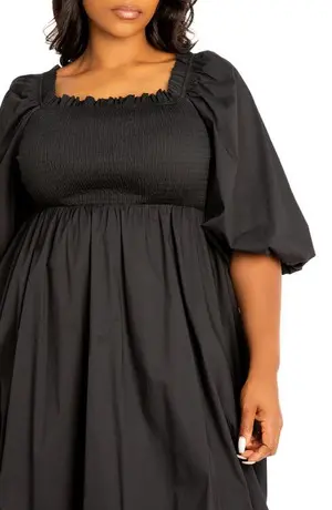 BUXOM COUTURE Smocked Puff Sleeve Cotton-blend Dress