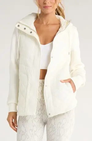 Zella Hybrid Quilted Knit Hooded Jacket - Ivory Egret