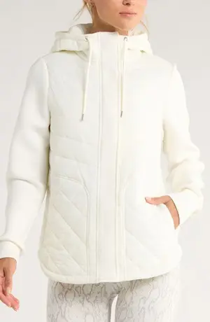 Zella Hybrid Quilted Knit Hooded Jacket - Ivory Egret