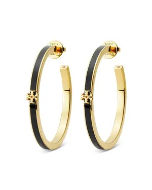 Tory Burch Kira Logo Hoop Earrings - Black/gold