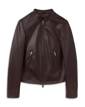REISS Allie Leather Moto Jacket - Berry