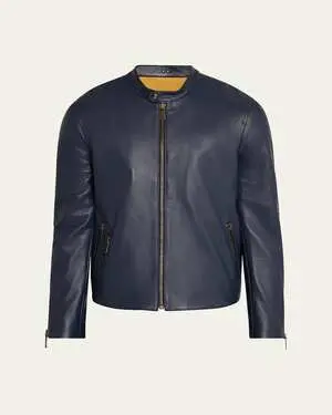 SAVAS Leather Racer Jacket - Navy