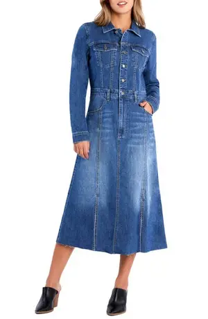 WASH LAB DENIM Sway Raw Hem Long Sleeve Midi Shirtdress - Barn Blue