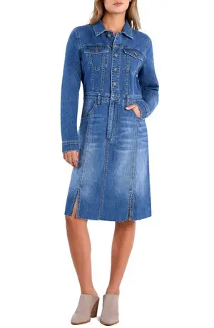 WASH LAB DENIM Sway Raw Hem Long Sleeve Shirt Dress - Graphic Blue