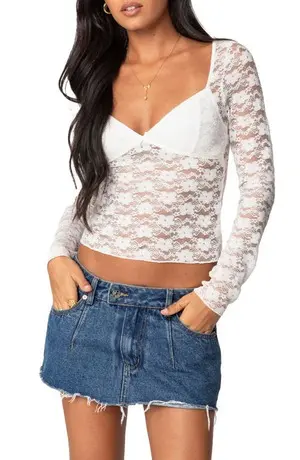 EDIKTED Mykonos Lace Crop Top - White