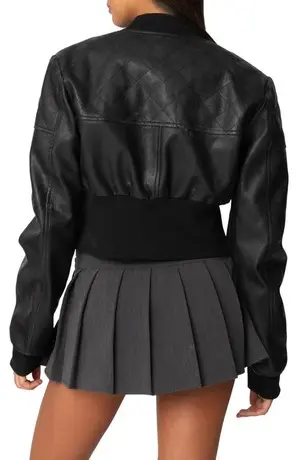 EDIKTED Crop Faux Leather Bomber Jacket