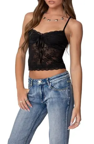 EDIKTED Semisheer Lace Crop Camisole - Black