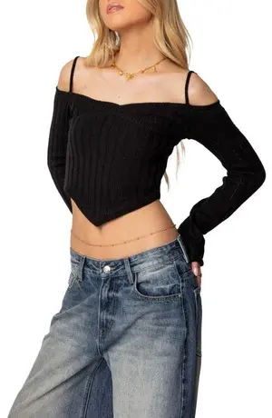 EDIKTED Cold Shoulder Crop Sweater