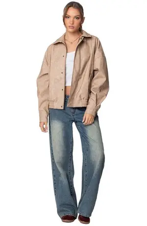 EDIKTED Mori Oversize Faux Leather Jacket - Beige