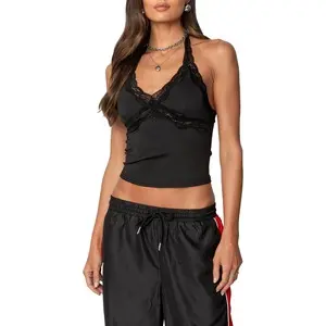 EDIKTED Cindi Lace Trim Halter Crop Top - Black