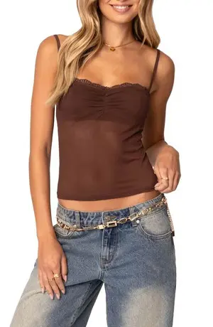 EDIKTED Elina Sheer Mesh Bra Top - Brown