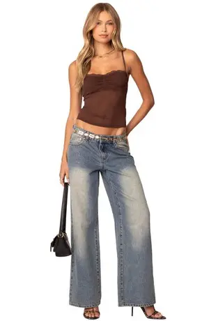 EDIKTED Elina Sheer Mesh Bra Top - Brown