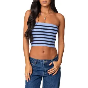 EDIKTED Lexi Stripe Ribbed Crop Tube Top - Blue
