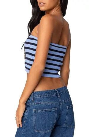 EDIKTED Lexi Stripe Ribbed Crop Tube Top - Blue