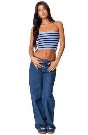 EDIKTED Lexi Stripe Ribbed Crop Tube Top - Blue