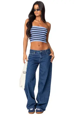EDIKTED Lexi Stripe Ribbed Crop Tube Top - Blue