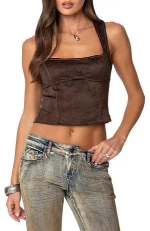 EDIKTED Tie Back Faux Suede Bustier Top