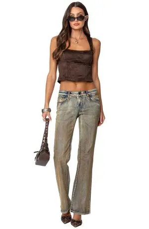 EDIKTED Tie Back Faux Suede Bustier Top
