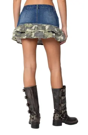 EDIKTED Camo Ruffle Denim Miniskirt
