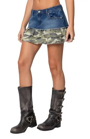 EDIKTED Camo Ruffle Denim Miniskirt