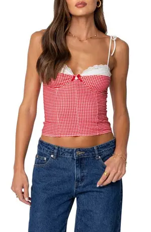 EDIKTED Peekaboo Lacy Gingham Corset Top