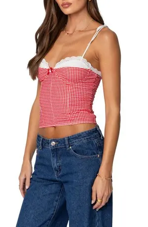 EDIKTED Peekaboo Lacy Gingham Corset Top