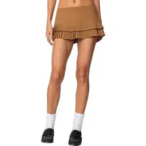 EDIKTED Double Pleated Low Rise Skort - Brown