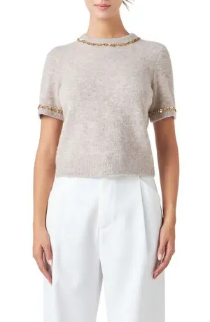 Endless Rose Paillette Trim Short Sleeve Sweater - Taupe