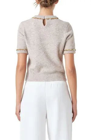 Endless Rose Paillette Trim Short Sleeve Sweater - Taupe