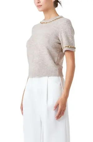 Endless Rose Paillette Trim Short Sleeve Sweater - Taupe
