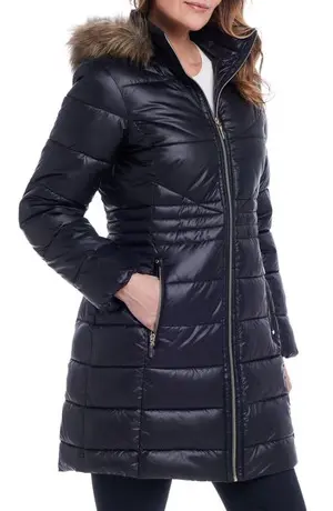 Gallery Water Resistant Puffer Coat With Faux Fur Trim And Removable Hood - Black