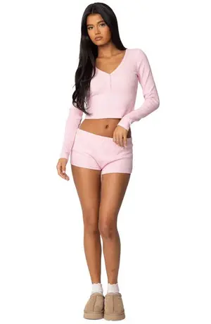 EDIKTED Rebekah Ribbed Henley - Light-pink
