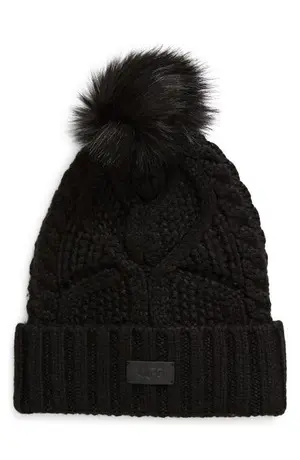 UGG Faux Fur Pompom Cable Knit Beanie - Black