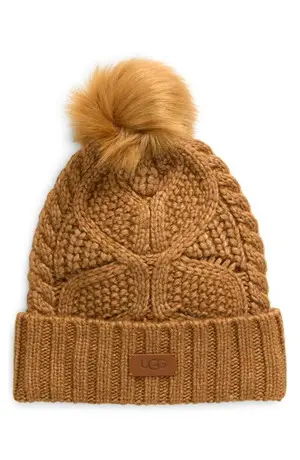UGG Faux Fur Pompom Cable Knit Beanie - Chestnut