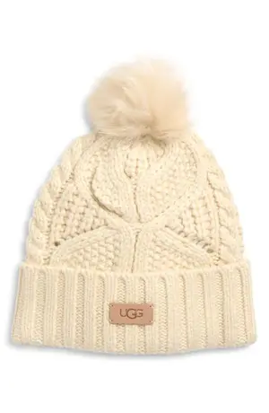 UGG Faux Fur Pompom Cable Knit Beanie - Cream
