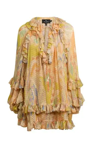 Etro Ruffled Paisley Print Silk Mini Dress - Multi