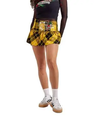 Ed Hardy True Eagle Plaid Flare Mini Skirt In Yellow - Yellow