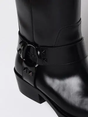 Valentino Garavani Leather Studded Buckle Knee High Boots