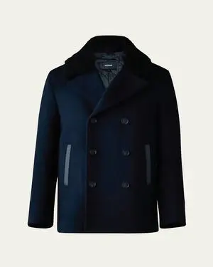 Mackage Cole Wool Pea Coat With Shearling Collar - Navy