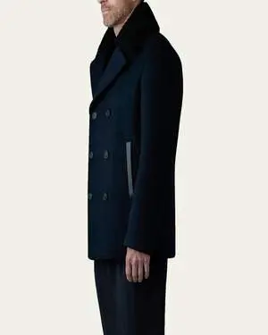 Mackage Cole Wool Pea Coat With Shearling Collar - Navy