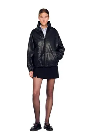 Sandro Oversized Leather Jacket - Black