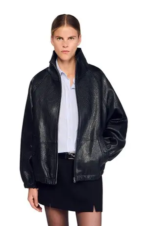 Sandro Oversized Leather Jacket - Black