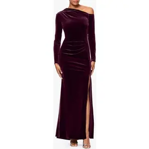 Betsy & Adam One-shoulder Long Sleeve Velvet Gown