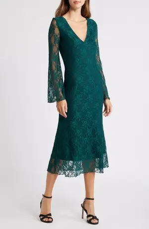 Loveappella Bell Sleeve Lace Overlay Midi Dress