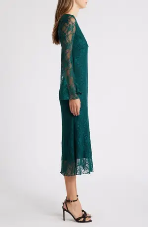 Loveappella Bell Sleeve Lace Overlay Midi Dress